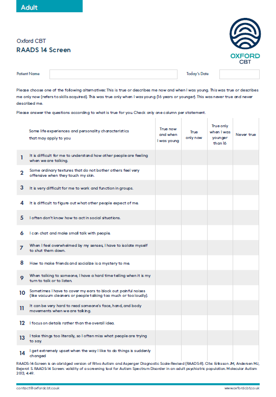 Short Sensory Profile (Adult) | Oxford CBT